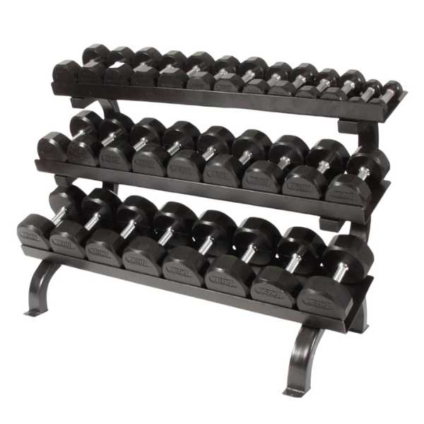 Troy Barbell 5-75lbs 12-Sided Rubber Dumbbell Set with 3-Tier Rack ...